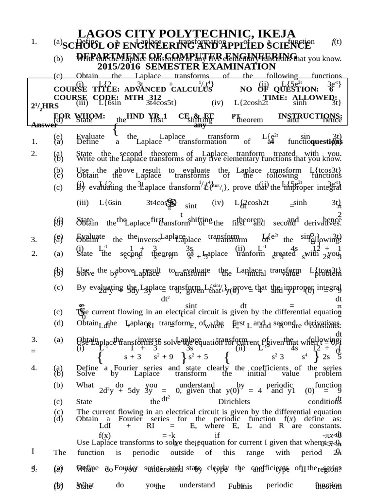 MTH 312 Advanced Calculus Exam Guide | PDF | Laplace Transform ...