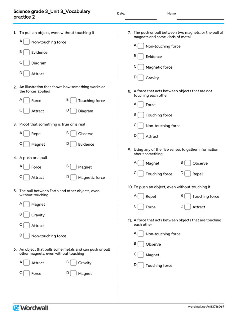 Science Grade 3unit 3vocabulary Practice 2 Quiz | PDF | Force | Magnet