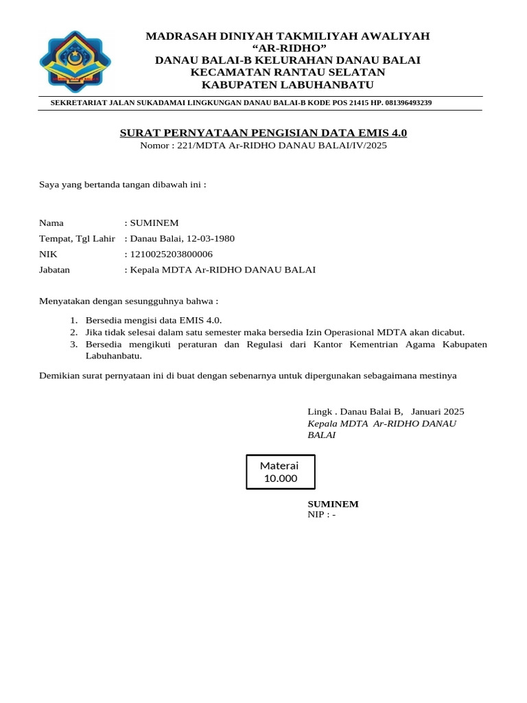 Surat Pernyataan Bersedia Mengisi DATA EMIS 4.0 Semester Genap T.P 2024-2025[1] | PDF