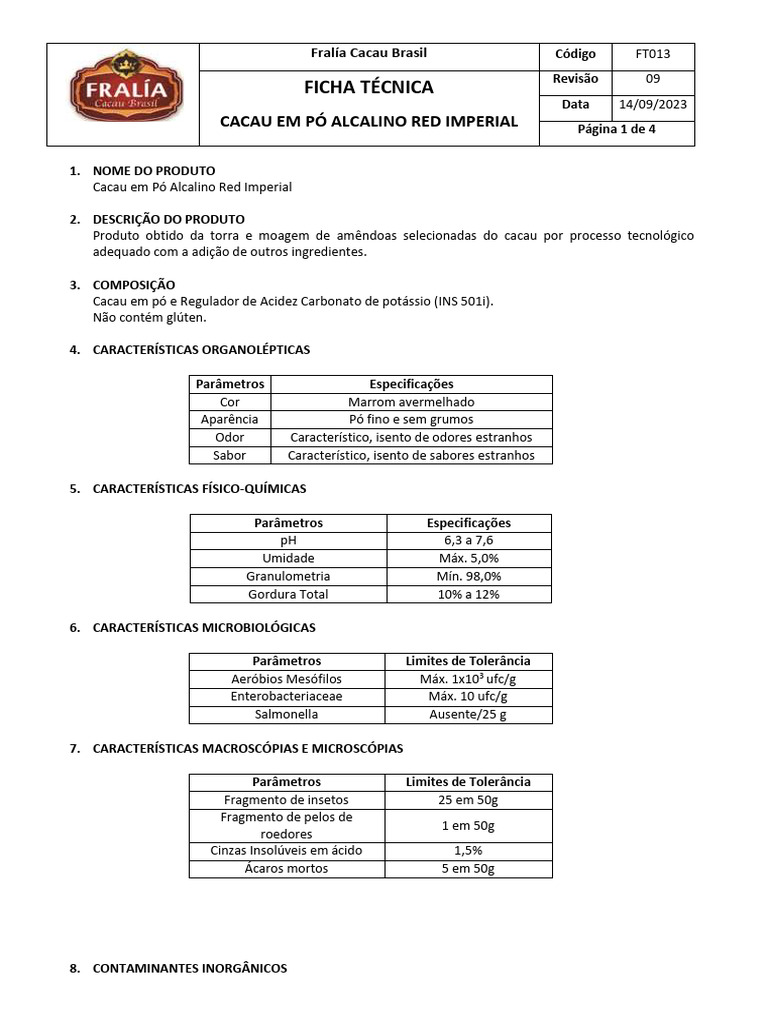 FT013 - FICHA TÉCNICA - CACAU EM PÓ RED IMPERIAL - RV 09 (2) | PDF | Sólidos de cacau