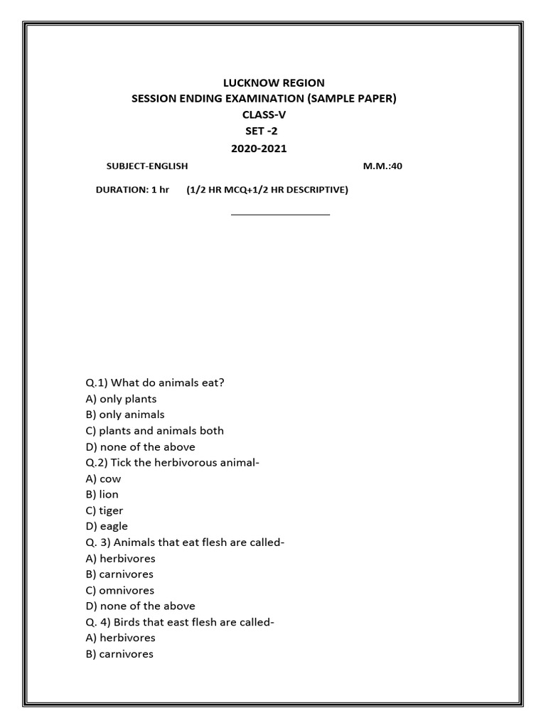 Class V English Sample Paper 2021 | PDF | Organisms | Biology