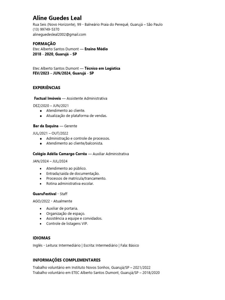 Currículo Aline Guedes | PDF