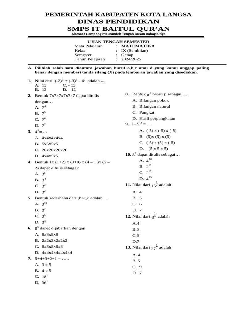 Soal Semester 2 SMP IT BTQ Kelas 9 | PDF