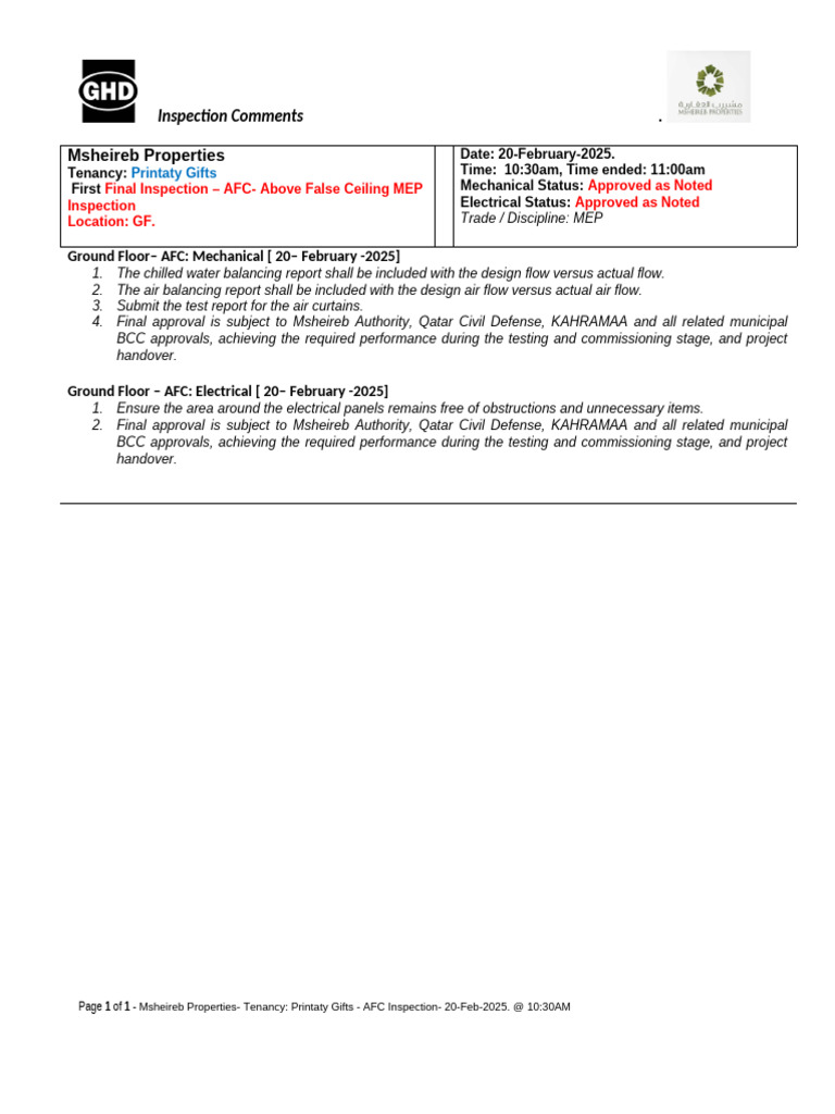Printaty Gifts - AFC MEP inspection Report 20FEB2025 | PDF