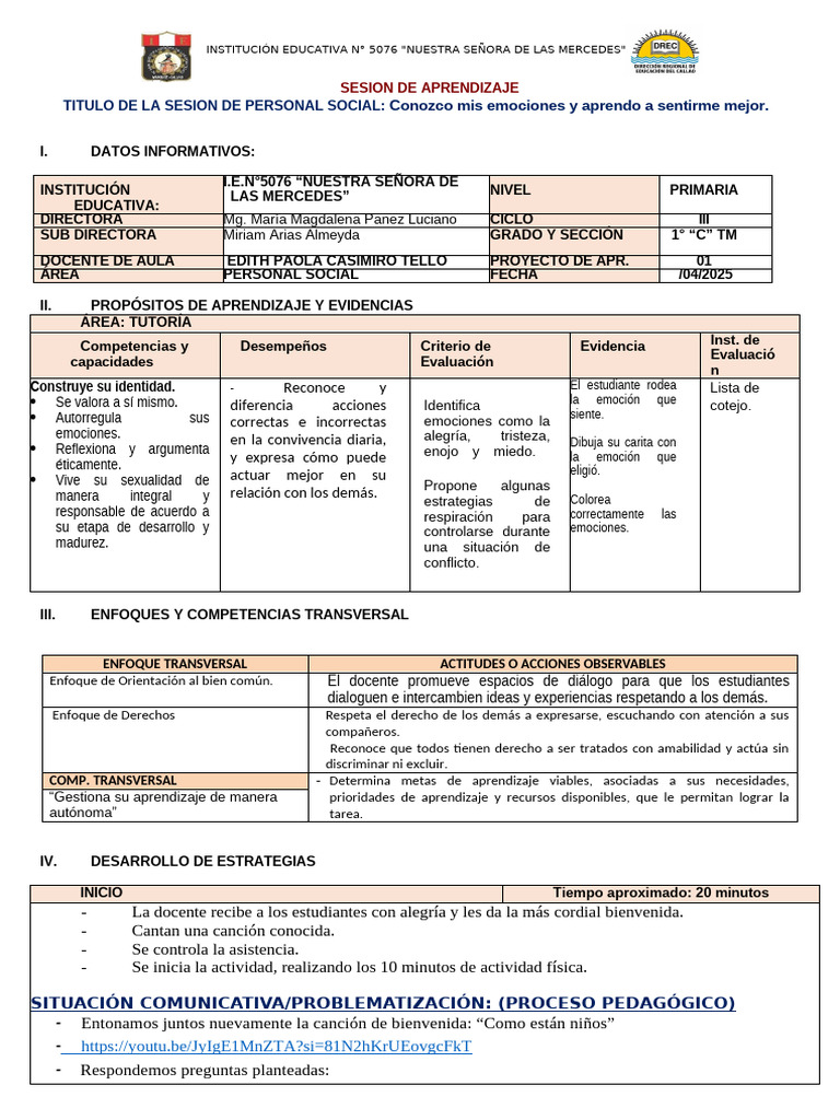 SESION-PS-Conozco Mis Emociones y Aprendo A Sentirme Mejor | PDF | Las ...