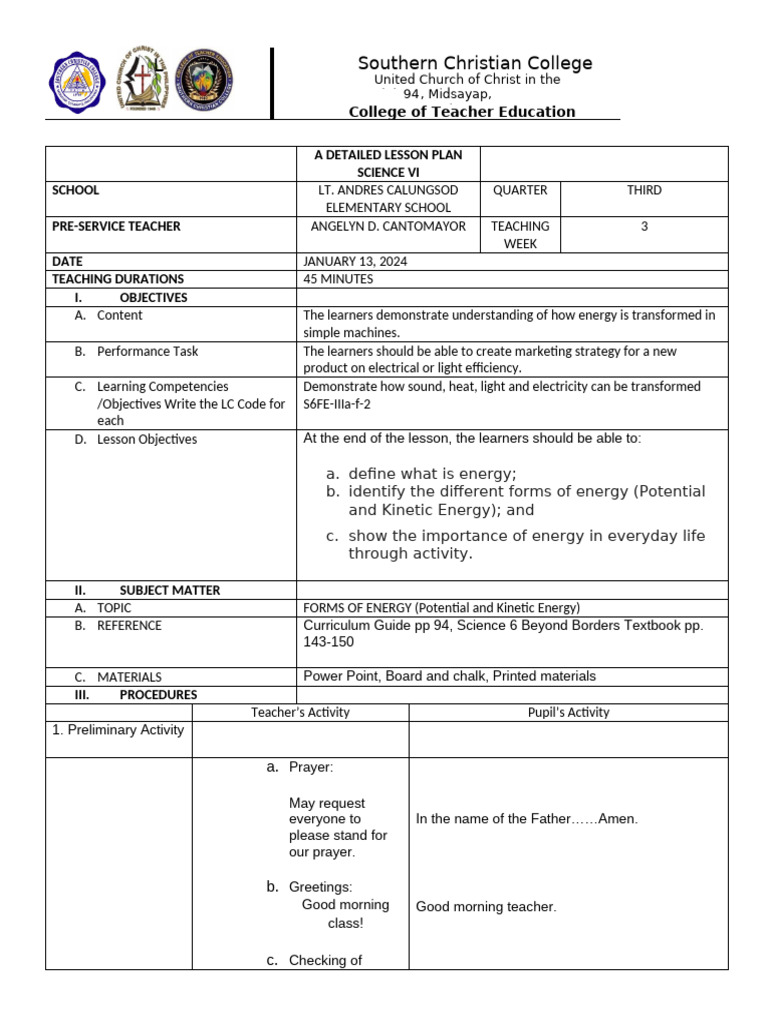 A DETAILED LESSON PLAN SCIENCE VI (1) Done | PDF | Kinetic Energy ...