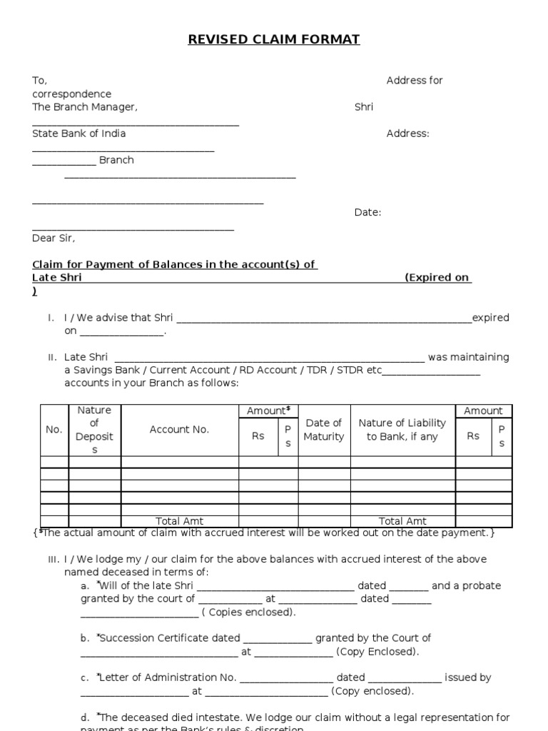 54594418 Sbi Claim Form | Signature | Deposit Account