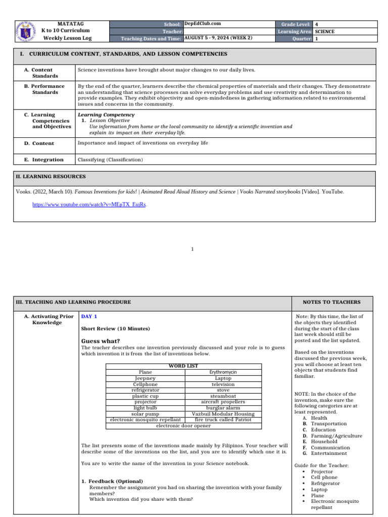 DLL Matatag - Science 4 Q1 W2 | PDF | Learning | Science