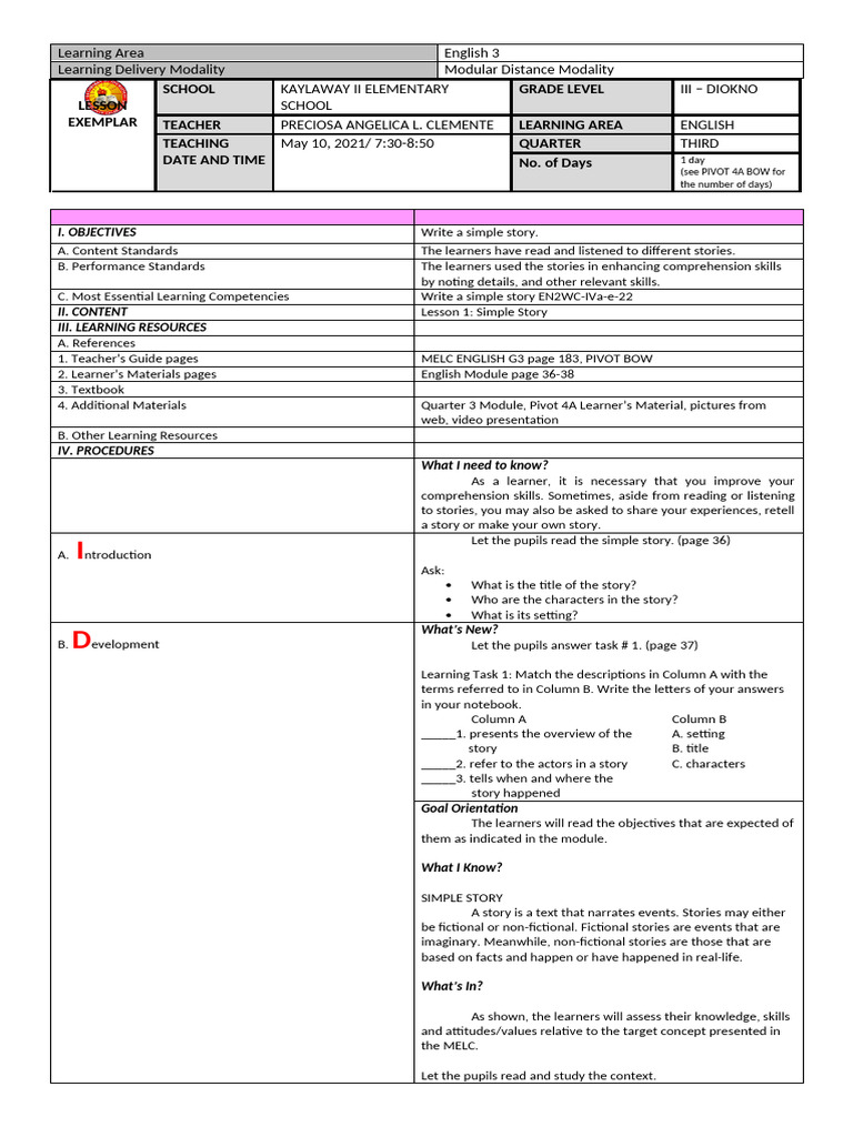 Exemplar Q3 Week8 English | PDF | Learning | Pedagogy