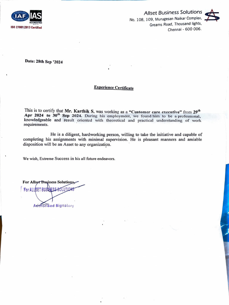 Experience Certificate for Karthik S | PDF