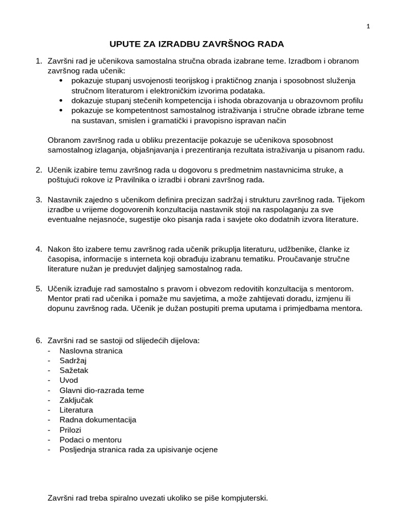 Upute Za Izradbu Zavrsnog Rada | PDF