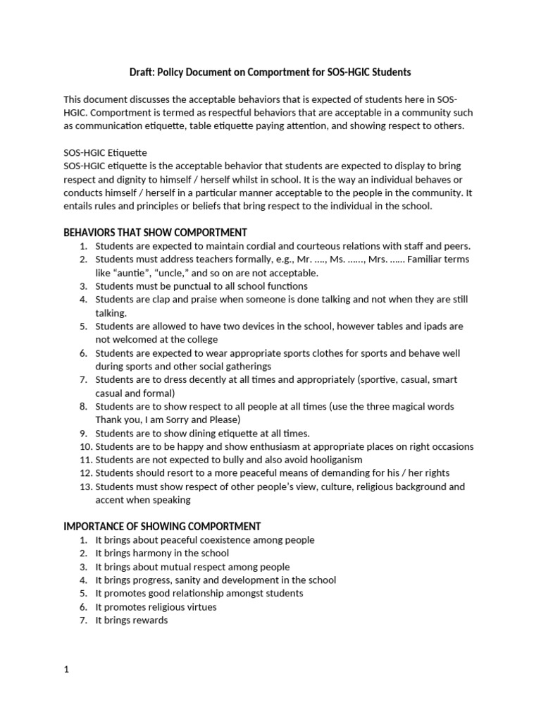 Draft Draft of Comportment Document | PDF | Etiquette