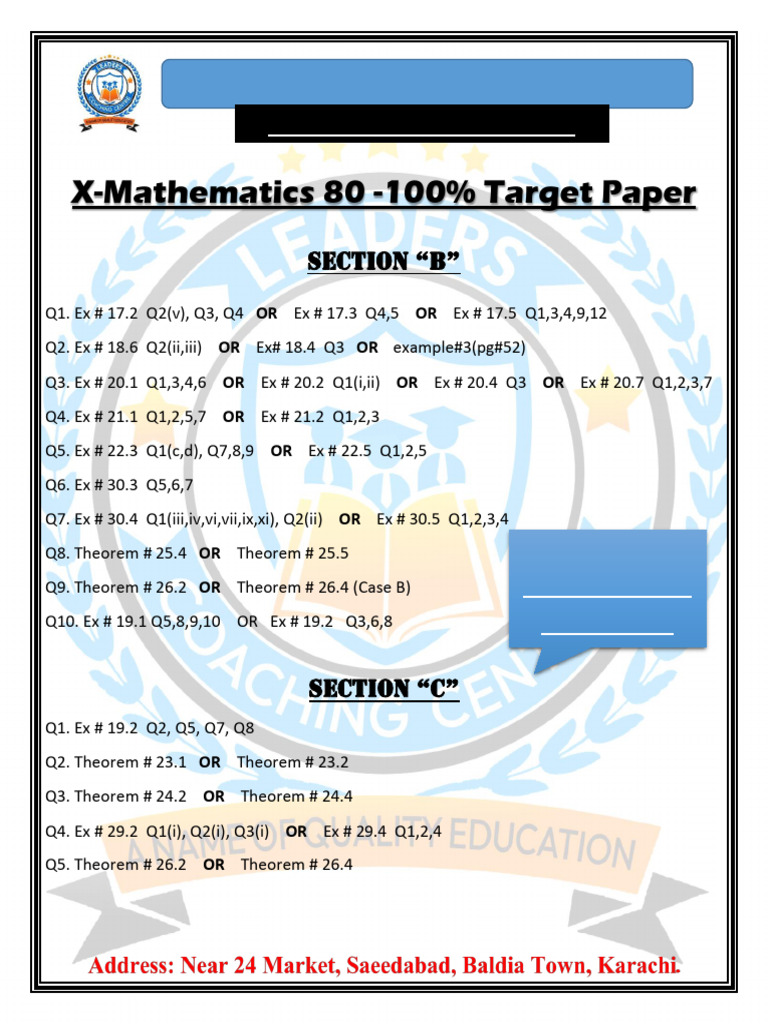 X Math 100% Target Paper (LEADERS) | PDF