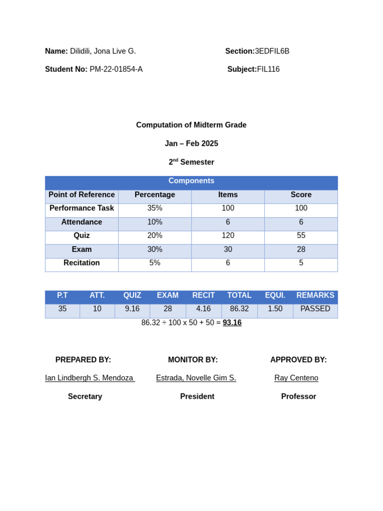 Midterm Grade Calculation for FIL116 | PDF