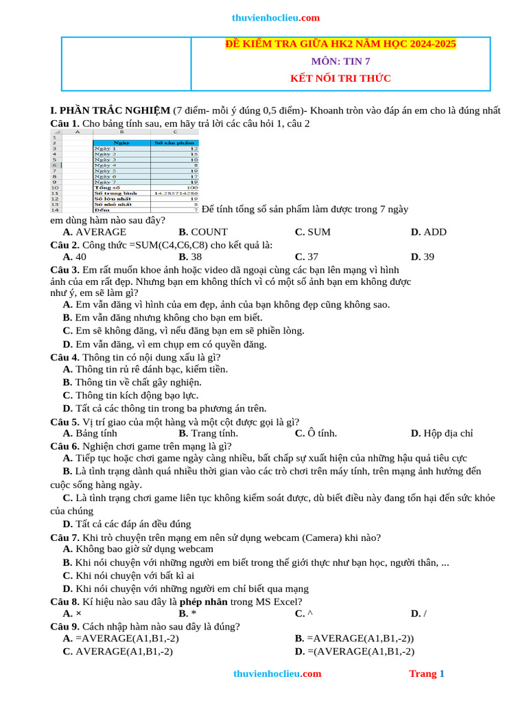 De Kiem Tra Giua HK2 Tin 7 KNTT 24 25 Co Dap An Ma Tran Dac Ta | PDF