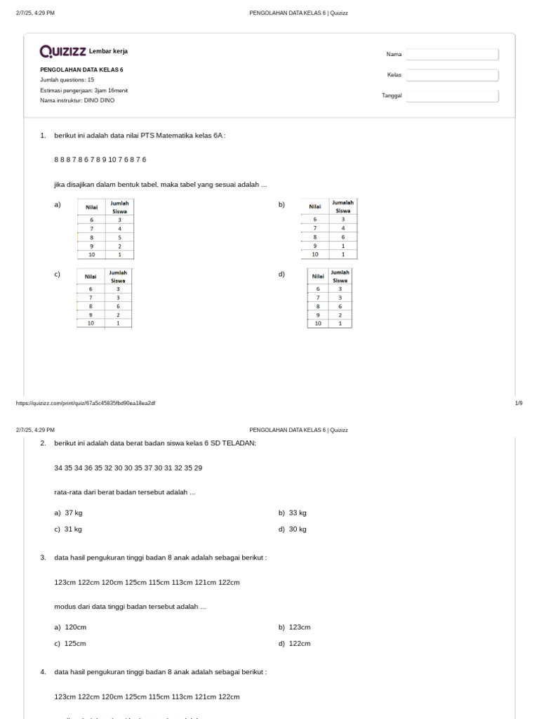 PENGOLAHAN DATA KELAS 6 - Quizizz | PDF