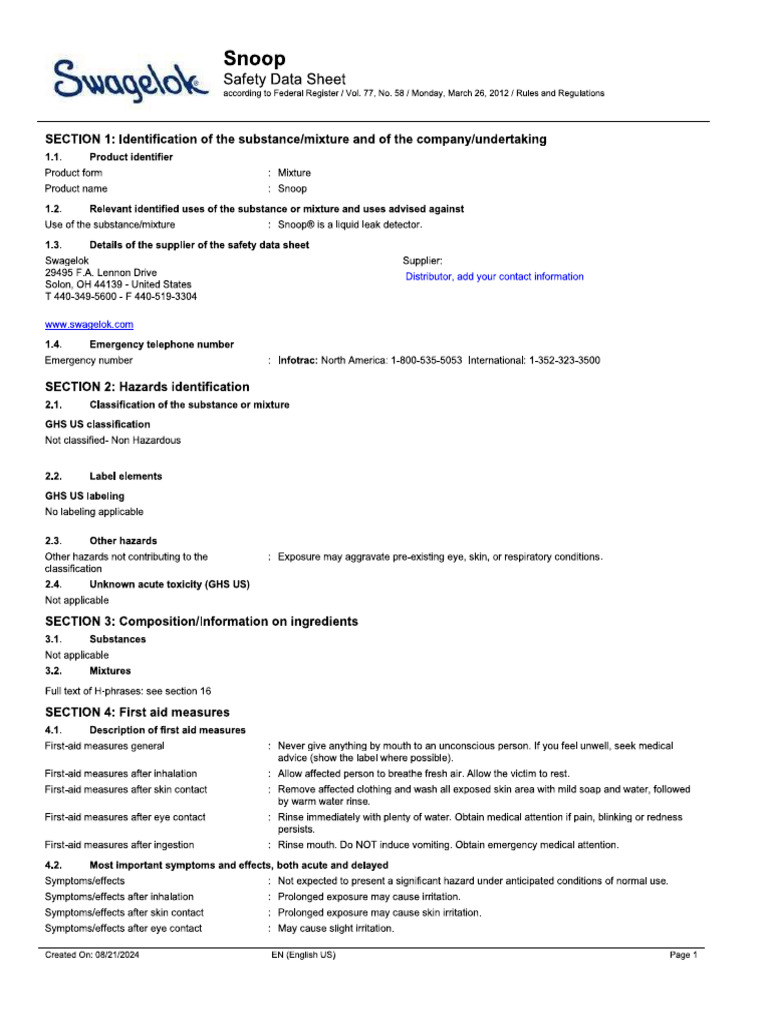 Snoop Lquid Leak Detector 8 OZ - Safety Datasheet | PDF