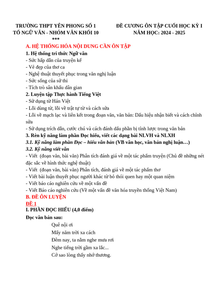 5.K10 - ĐỀ CƯƠNG CUỐI HK1.NV10 | PDF