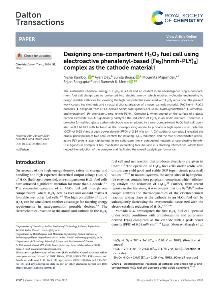 Kamboj - One Compartment H2o2 | PDF | Redox | Fuel Cell