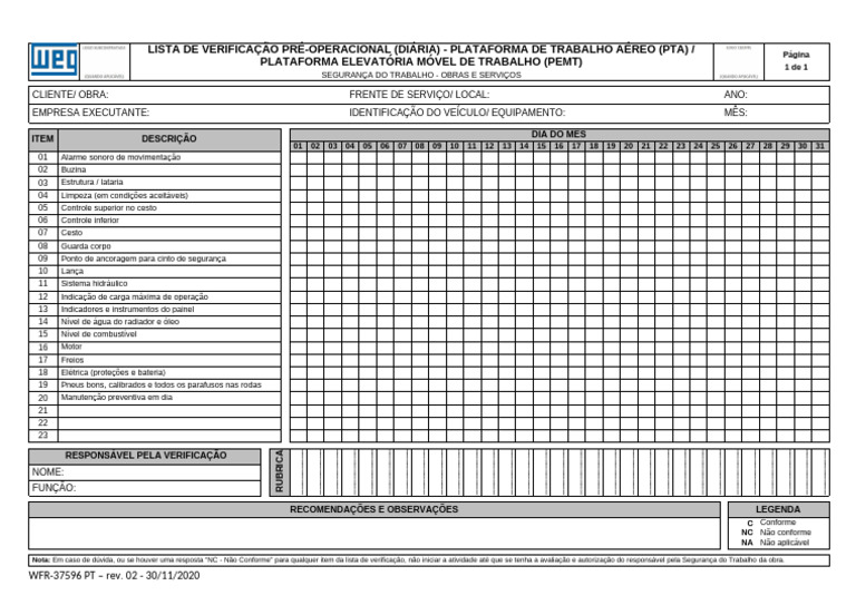 Pta-lista de Verificação Pré-operacional (Diária) - Plataforma de ...