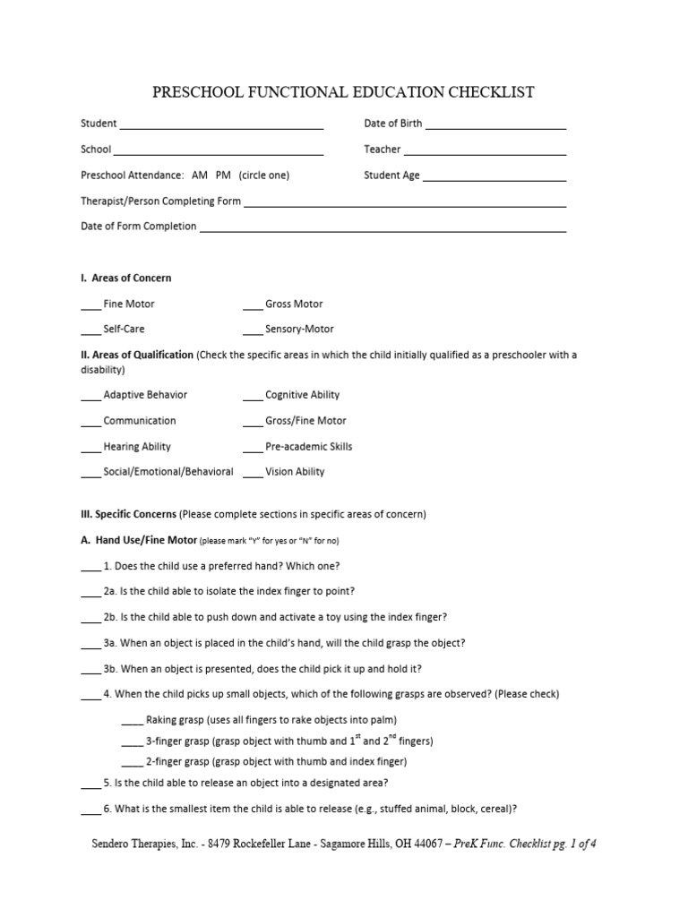 Preschool Functional Checklist OT - Sendero | PDF | Hand