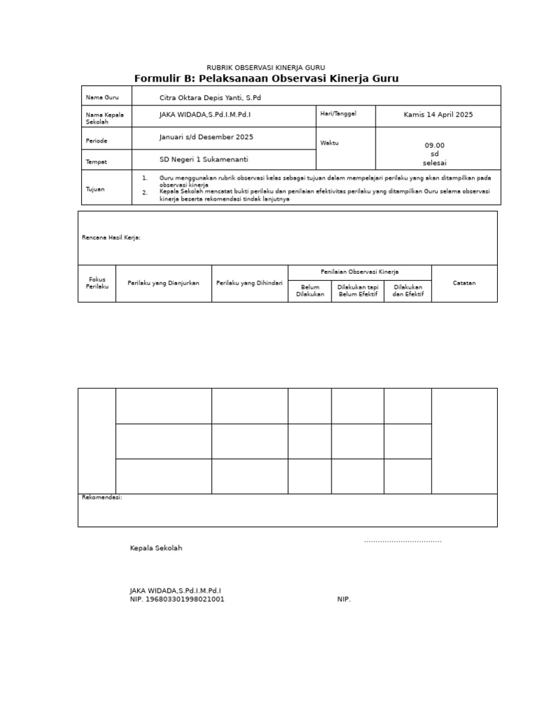 Formulir B Rubrik Observasi Kinerja Guru | PDF