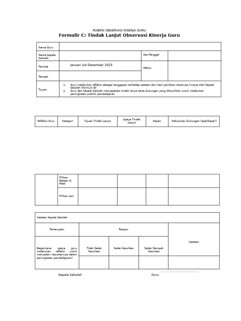 Formulir C Rubrik Observasi Kinerja Guru | PDF