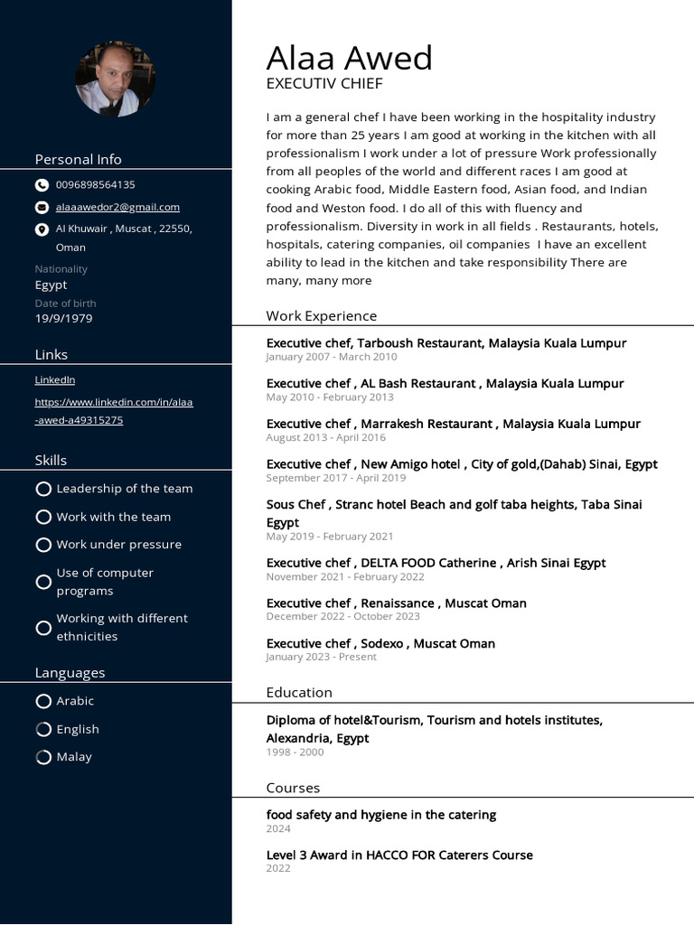 Executive Chef Profile: Alaa Awed | PDF | Cooking | Foodservice