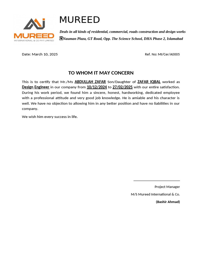 Experience Certificate for Design Engineer | PDF