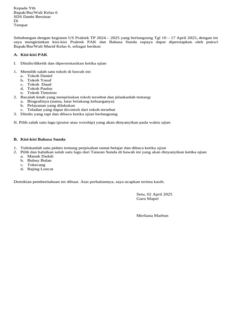 Kisi Praktek PAK-Sunda TP 2425 | PDF