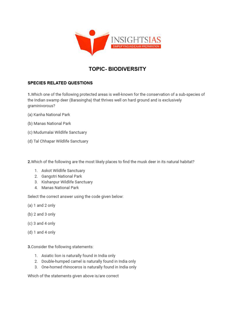 Biodiversity Questions | PDF | Organisms | Zoology