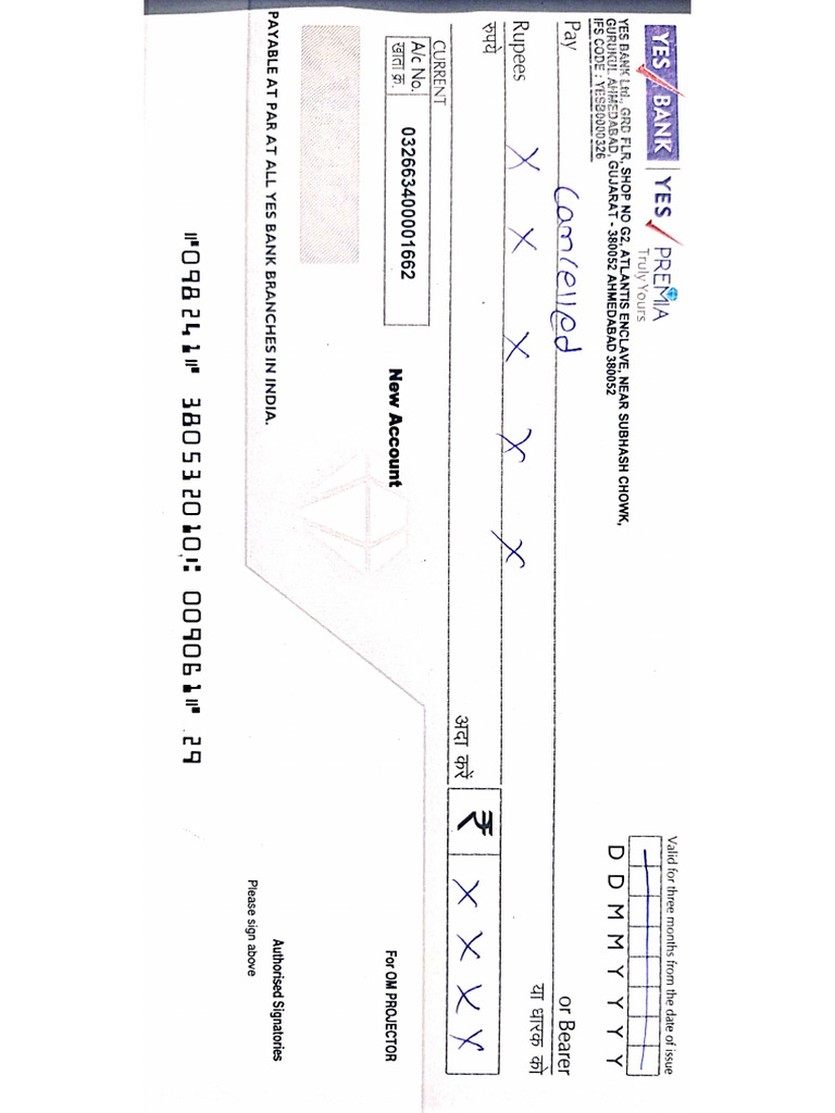 Yes Bank Omprojector Current Acct Cancelled Cheque | PDF