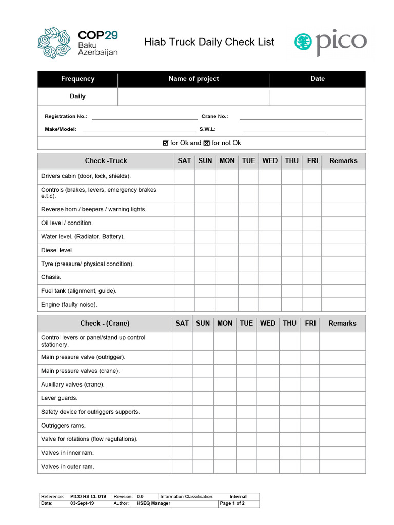 Hiab Truck Daily Inspection Checklist | PDF | Valve | Truck