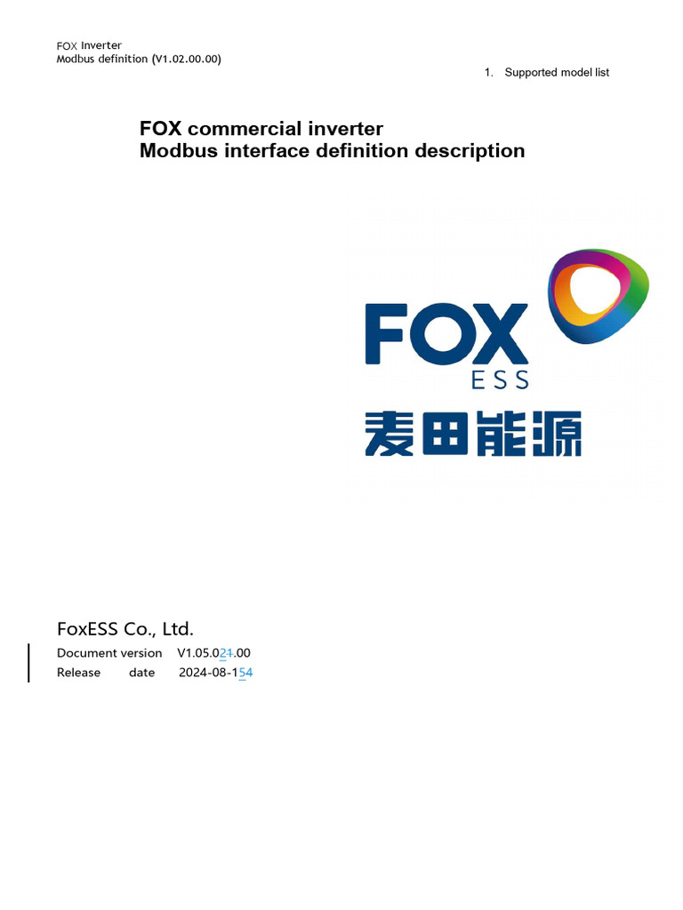 FoxESS Modbus Protocol - 20240815 (V1.05.02.00) 1 | PDF | Computer Engineering | Electrical ...