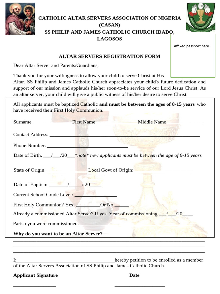 Altar Server Registration Form | PDF | Altar | Catholic Church