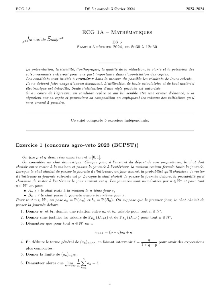 Maths Appliquées ECG 1A - DS 5 | PDF | Objets mathématiques ...