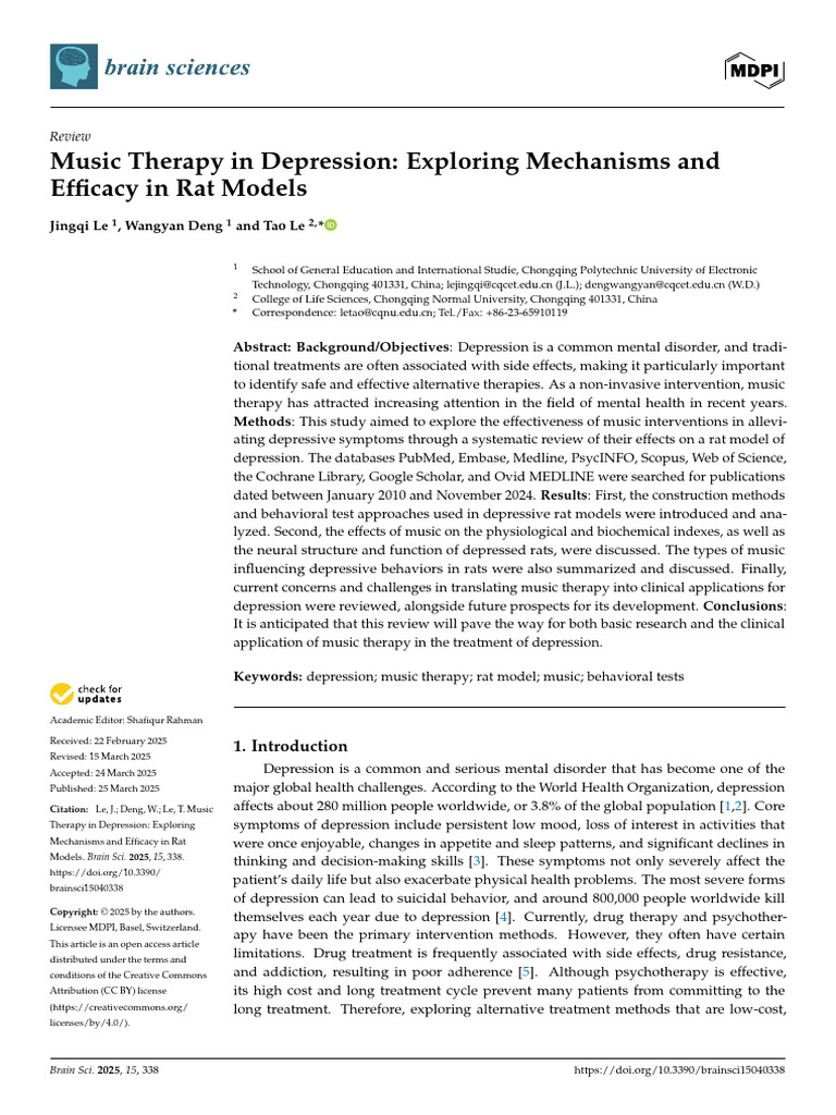 Music Therapy in Depression: Exploring Mechanisms and Efficacy in Rat ...