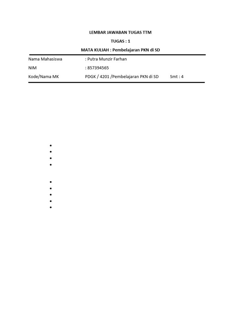 Lembar Jawaban Tugas TTM - Pembelajaran PKN Di SD | PDF