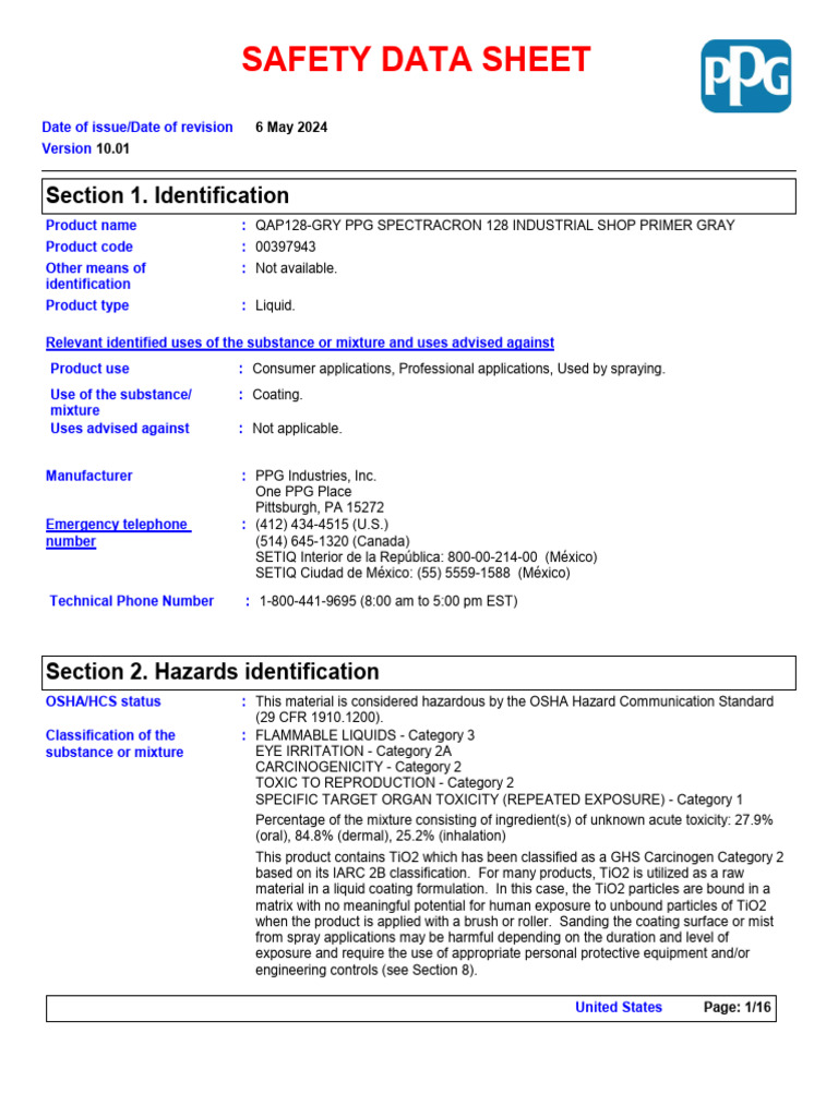 PPG Spectracron 128 Industrial Shop Primer Gray | PDF | Waste ...