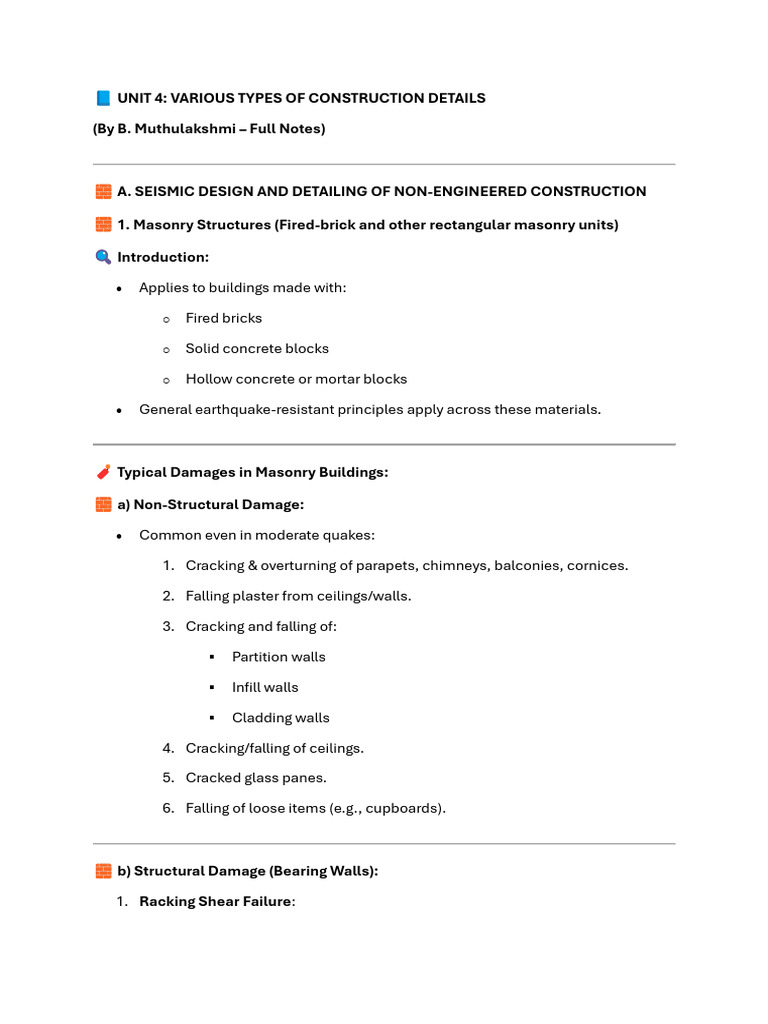 UNIT 4 Earthquake Resistance | PDF | Beam (Structure) | Masonry