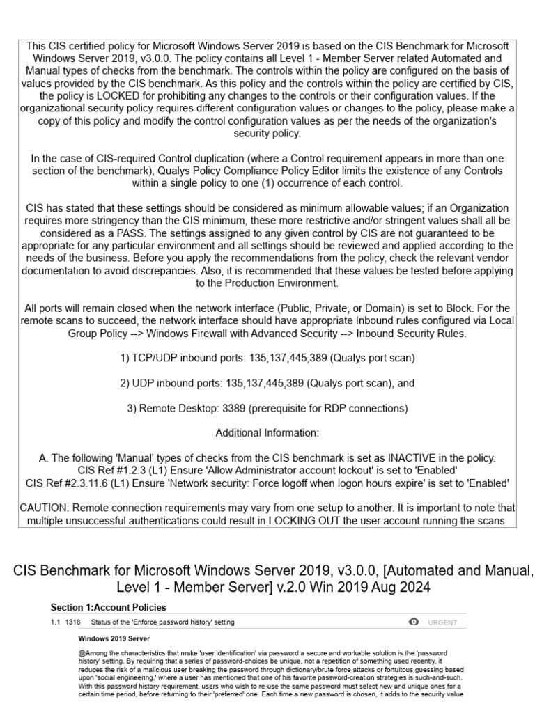 CIS Benchmark For Microsoft Windows Server 2019, V3.0.0, (Automated and Manual, Level 1 - Member ...