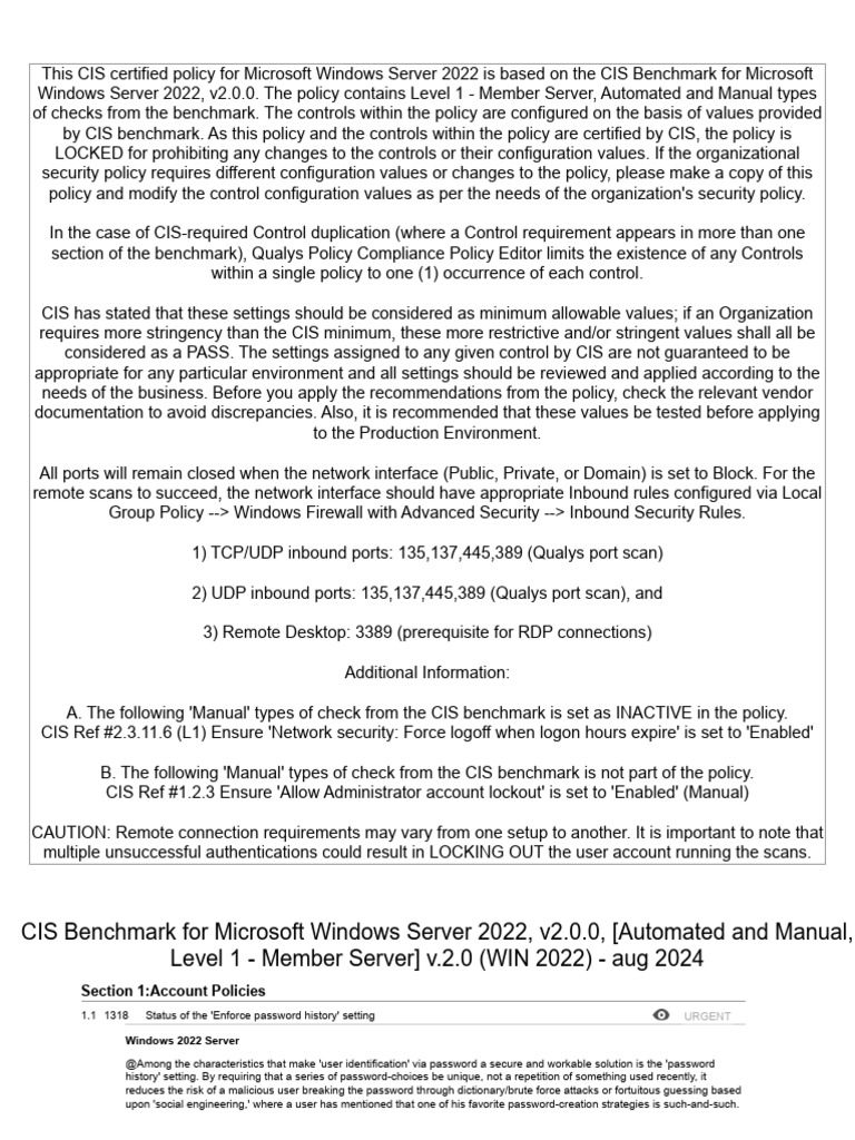 CIS Benchmark For Microsoft Windows Server 2022, V2.0.0, (Automated and ...