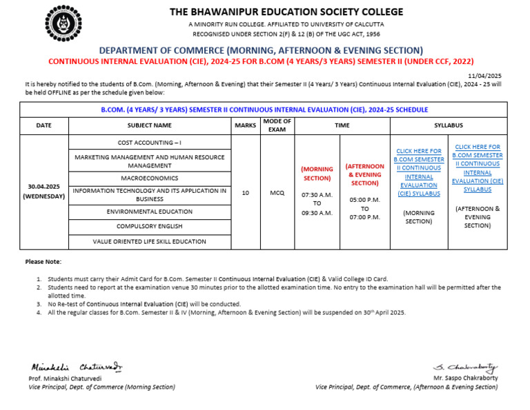 CIE Examination Notice Morning Afternoon Evening SEM II 2024 25 | PDF ...