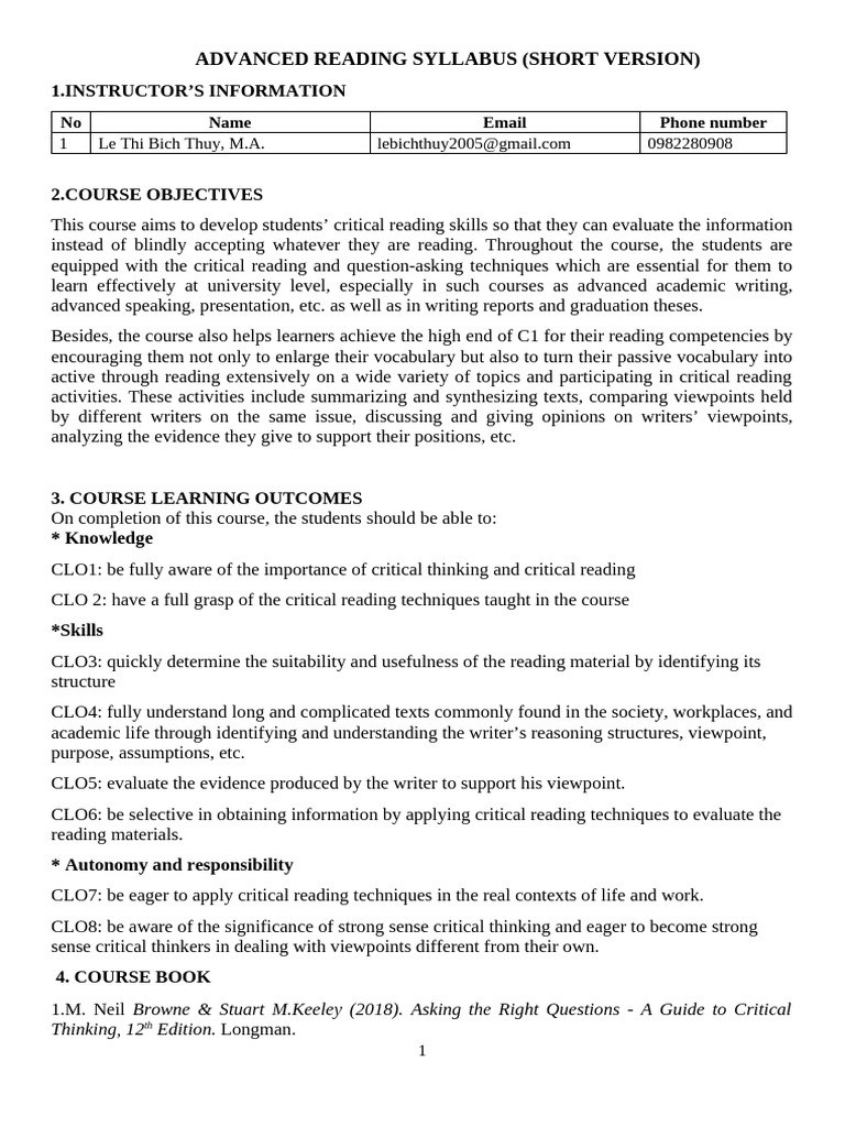 Advanced English - Critical Reading Syllabus | PDF | Critical Thinking ...