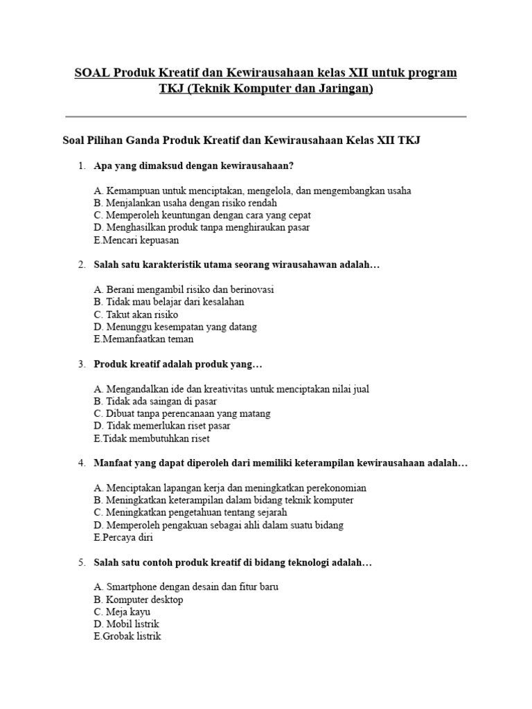 SOAL Produk Kreatif Dan Kewirausahaan Kelas XII Untuk Program TKJ | PDF