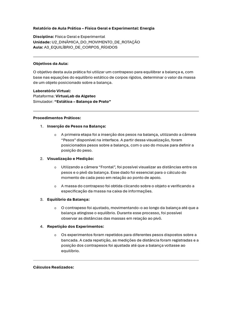 Relátorio Aula P´ratica | PDF | Massa | Balança