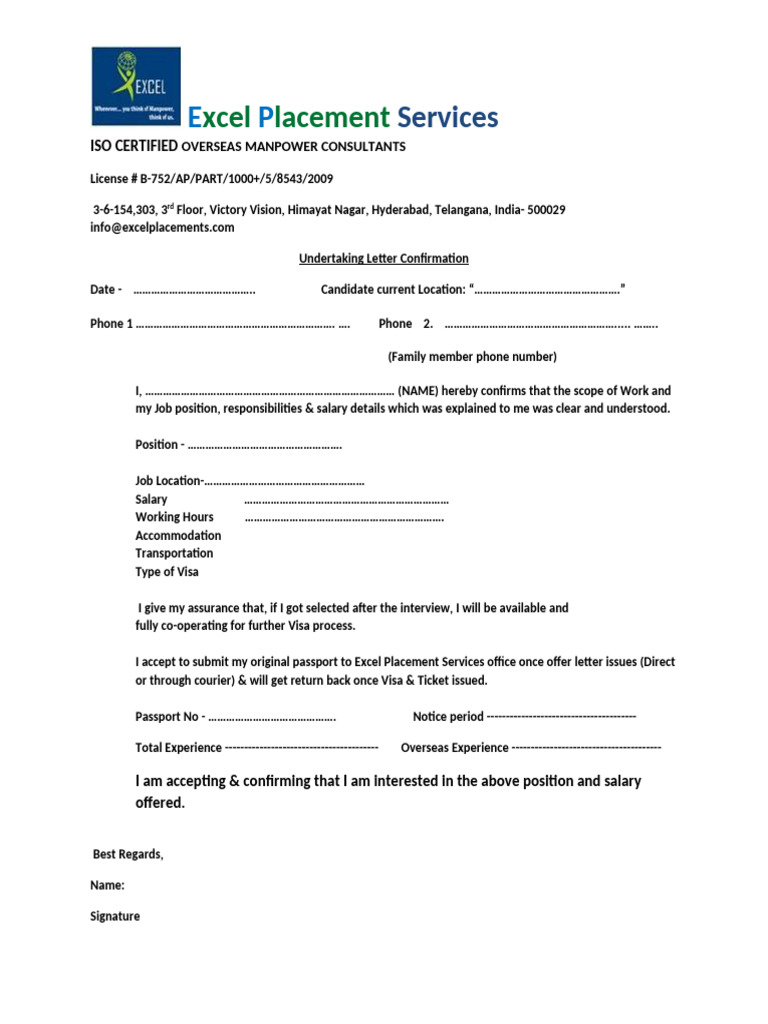 Excel Placement Services Confirmation Letter | PDF
