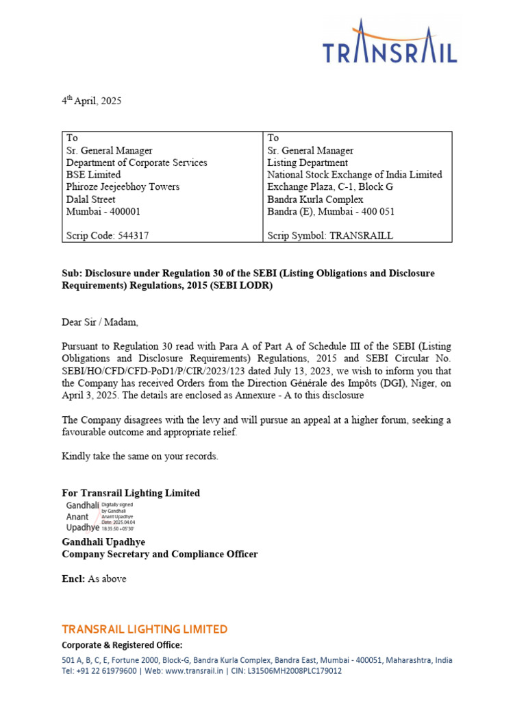 Sub: Disclosure Under Regulation 30 of The SEBI (Listing Obligations ...
