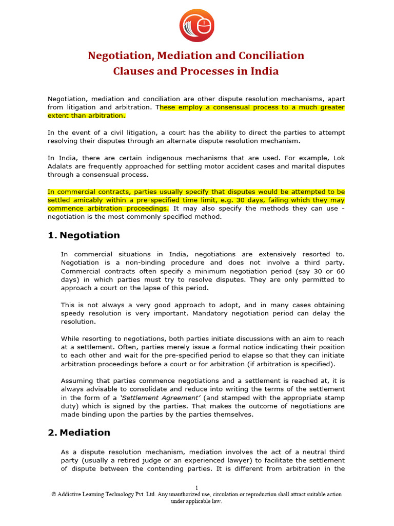 Negotiation, Mediation and Conciliation Clauses and Processes in India 1573745183 | PDF ...