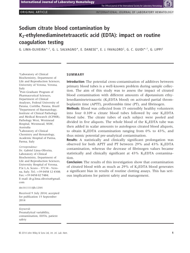 Sodium citrate blood contamination byK2-ethylenediaminetetraacetic acid ...